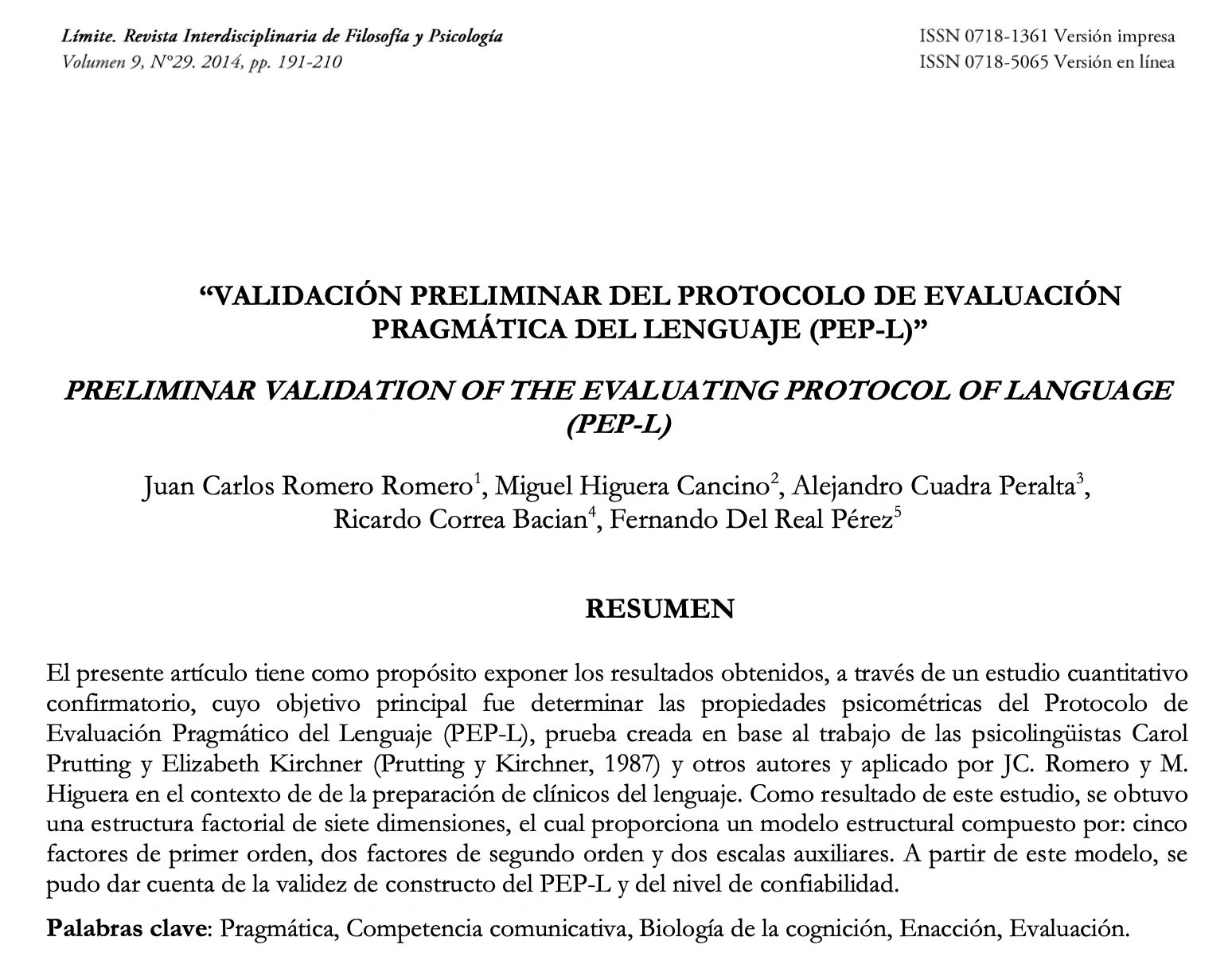 Protocolo de evaluación pramática del lenguaje PEP- L.